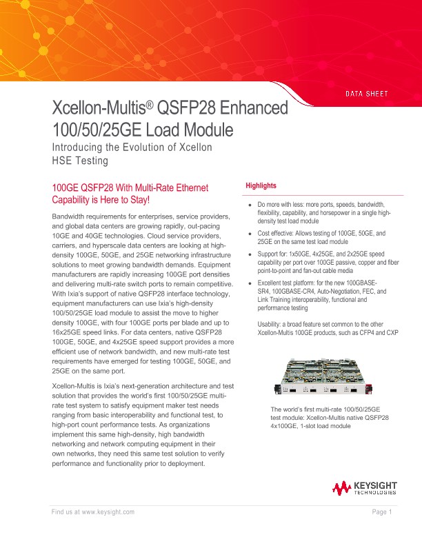 Xcellon-Multis® QSFP28 Enhanced 100/50/25GE Load Module PDF Asset Page | Keysight